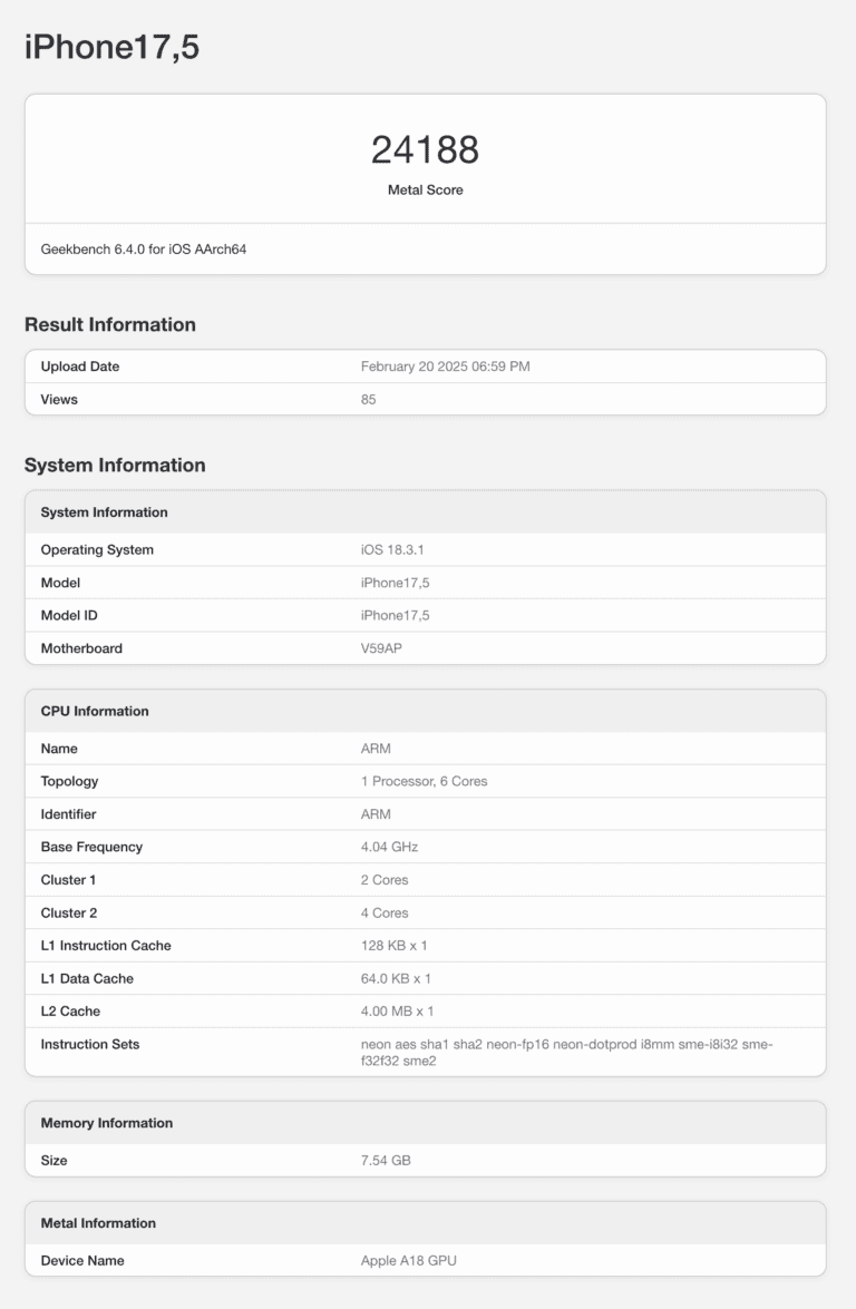 iPhone 16e初期ベンチマーク：RAM容量が判明、GPU性能はiPhone 16にやや劣るも日常利用では十分か | XenoSpectrum